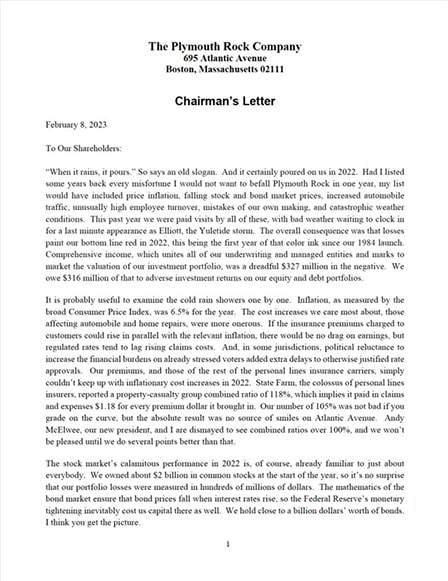 Plymouth Rock Annual Chairman's Letter