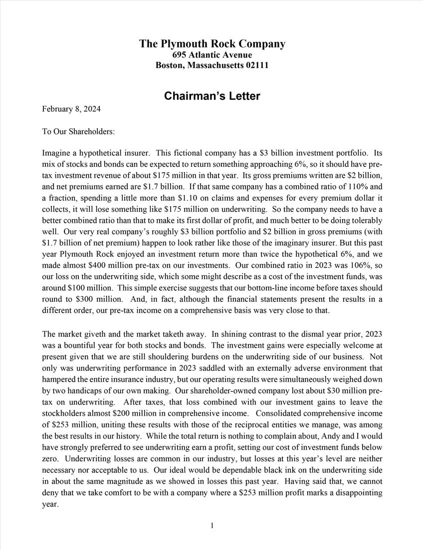 Plymouth Rock Annual Chairman's Letter